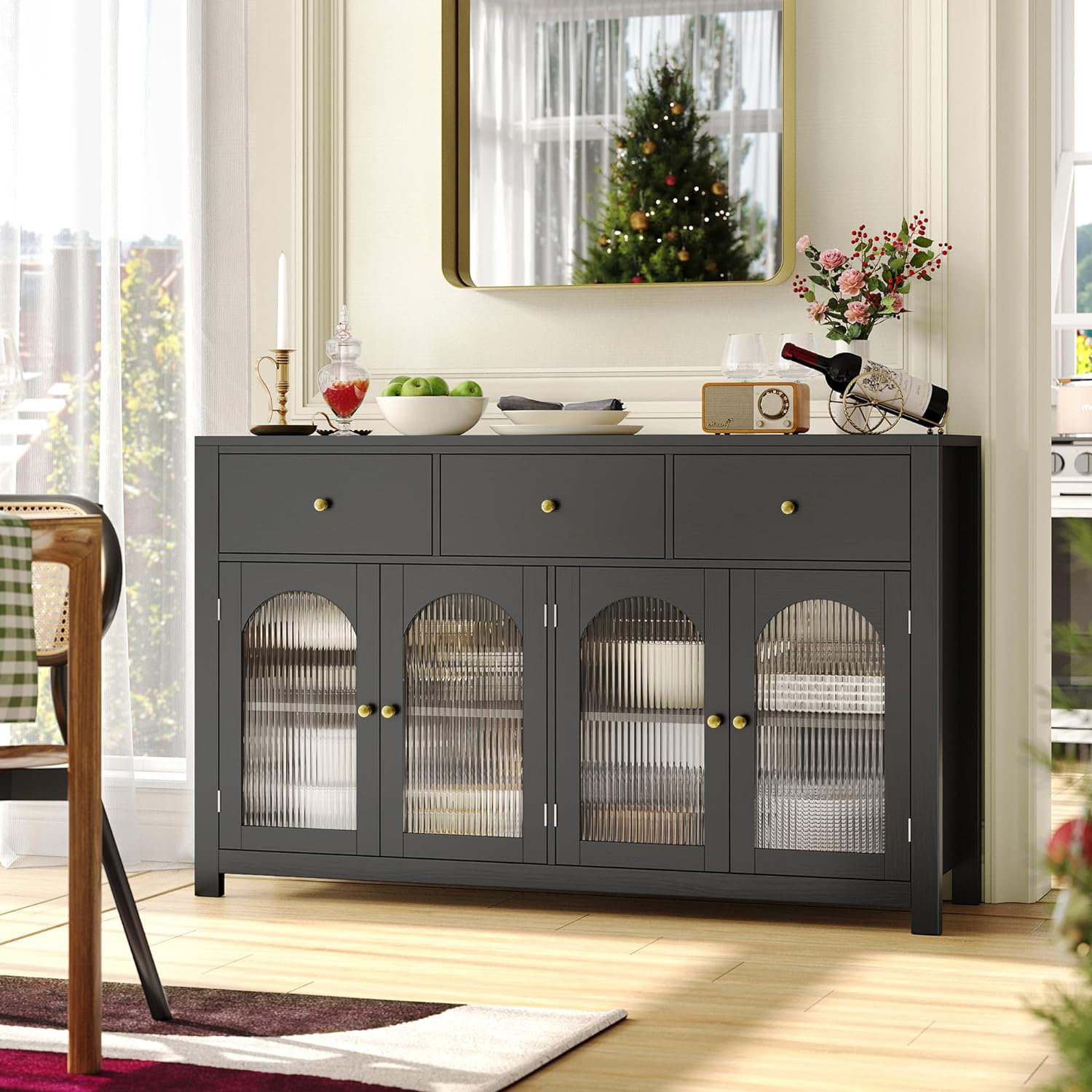 Ebern Designs 55.1" Large Sideboard Buffet Cabinet, Farmhouse Kitchen Cabinet Display Cabinet ...